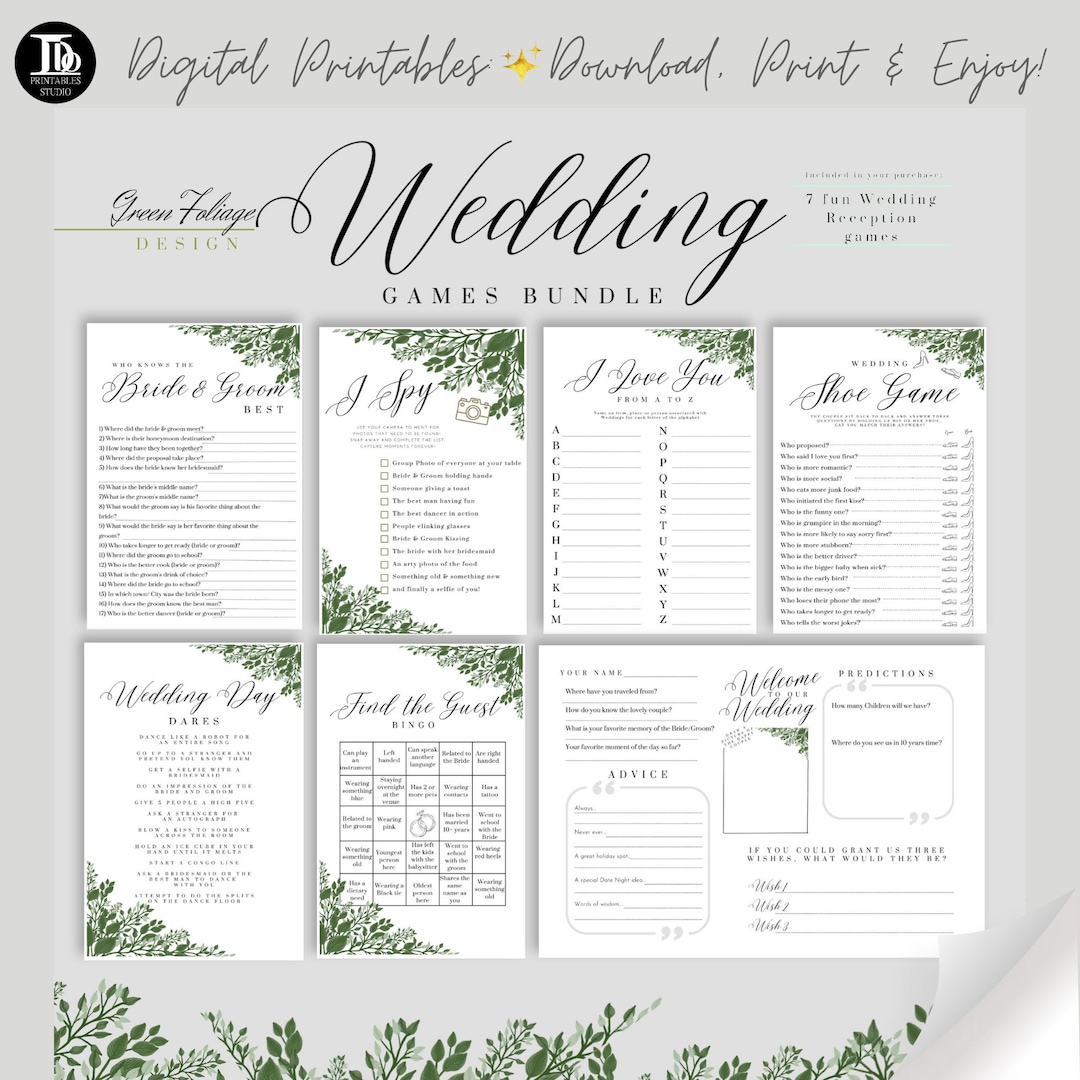 Green Foliage Wedding Games Bundle | Wedding Table Activity | Wedding ...
