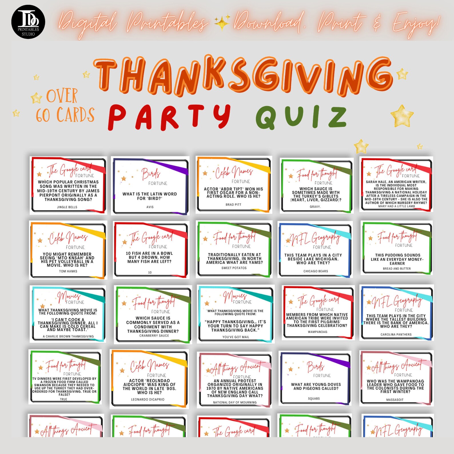 Thanksgiving Party Quiz Question Cards | Office Party | Pub Quiz ...