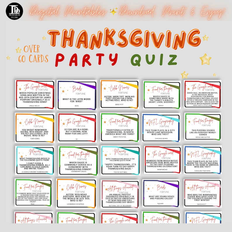 Thanksgiving Party Quiz Question Cards | Office Party | Pub Quiz ...
