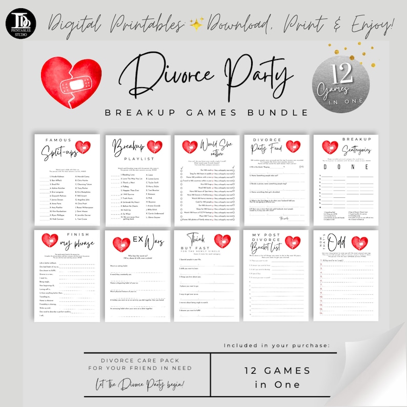 Divorce Party Games Care Pack | Printable Breakup Games | Broken Heart ...