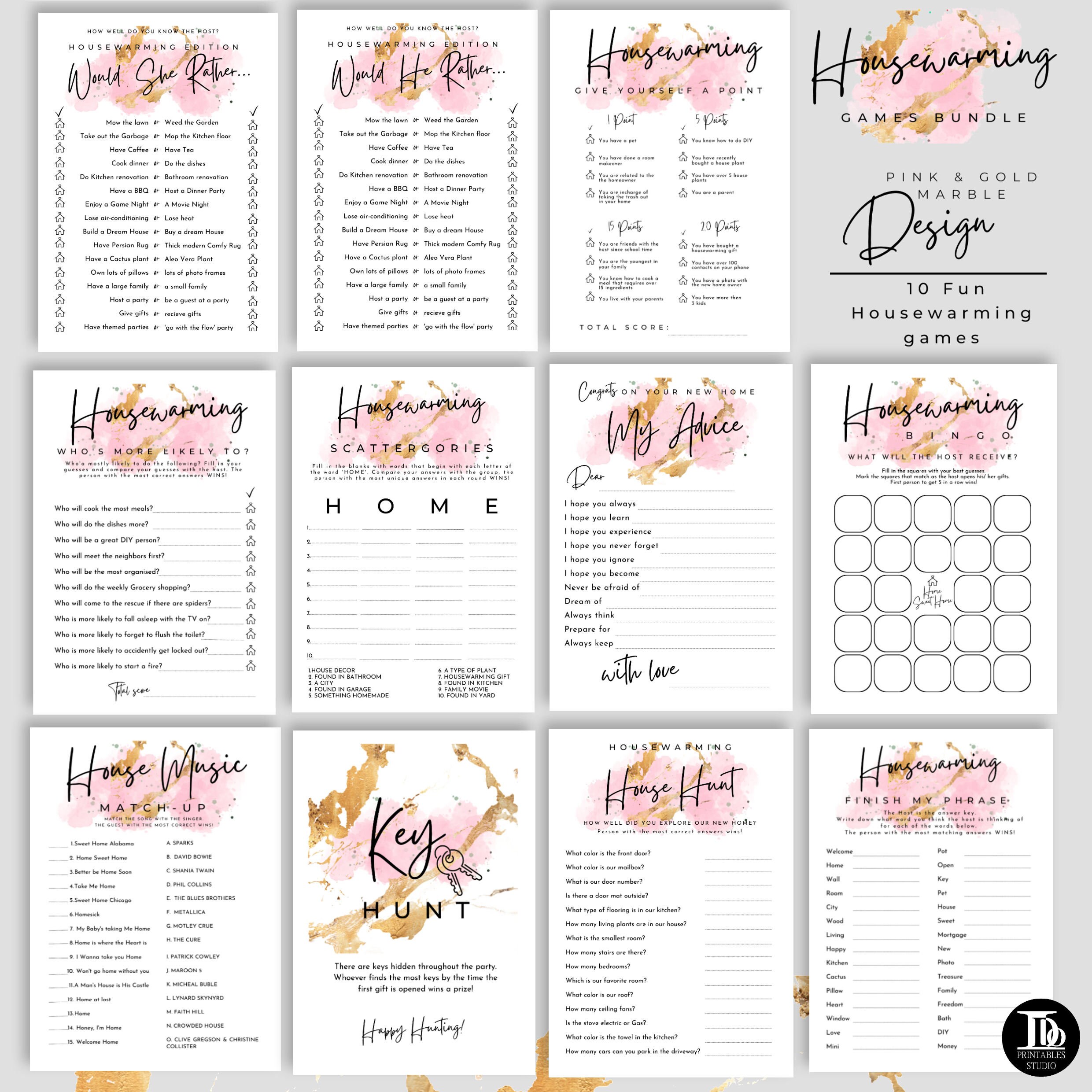 Housewarming Games Bundle Pink Gold Marble Design Printable ...