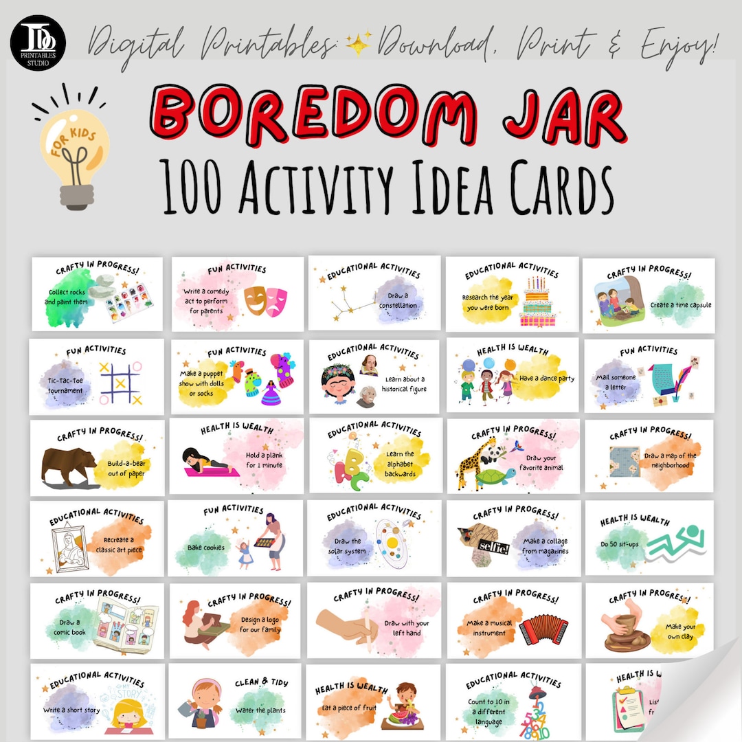 100 Boredom Jar Cards | Activity Idea Cards for Kids | Kids I Am Bored ...