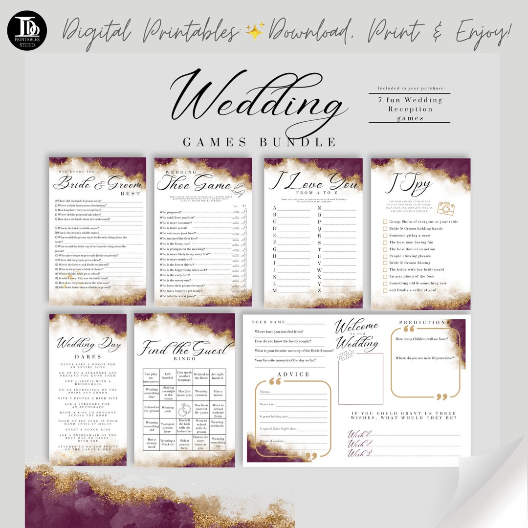 Wedding Games Bundle | Wedding Table Activity | Gold Maroon Wedding ...