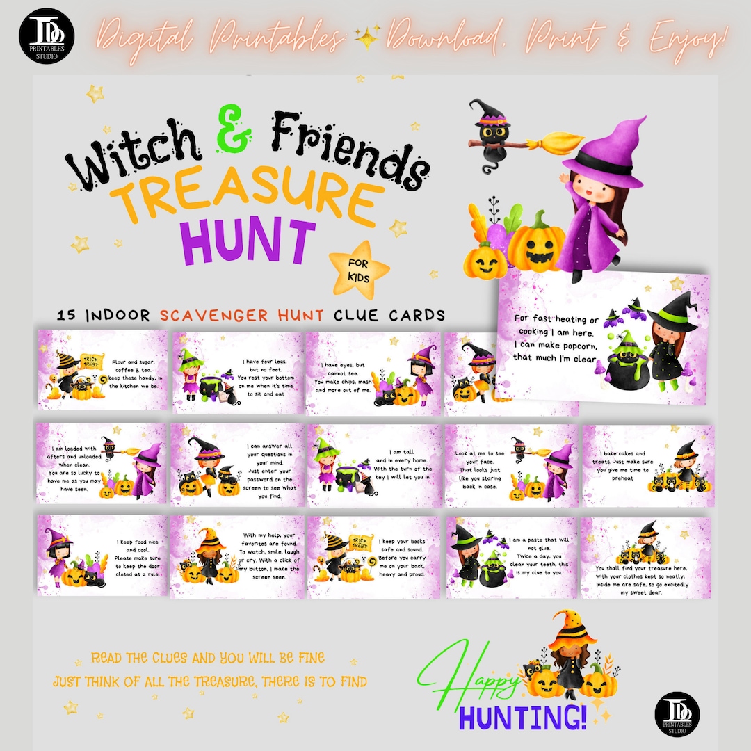 Halloween Party Treasure Hunt Clue Cards | Witch and Friends Sleepover ...