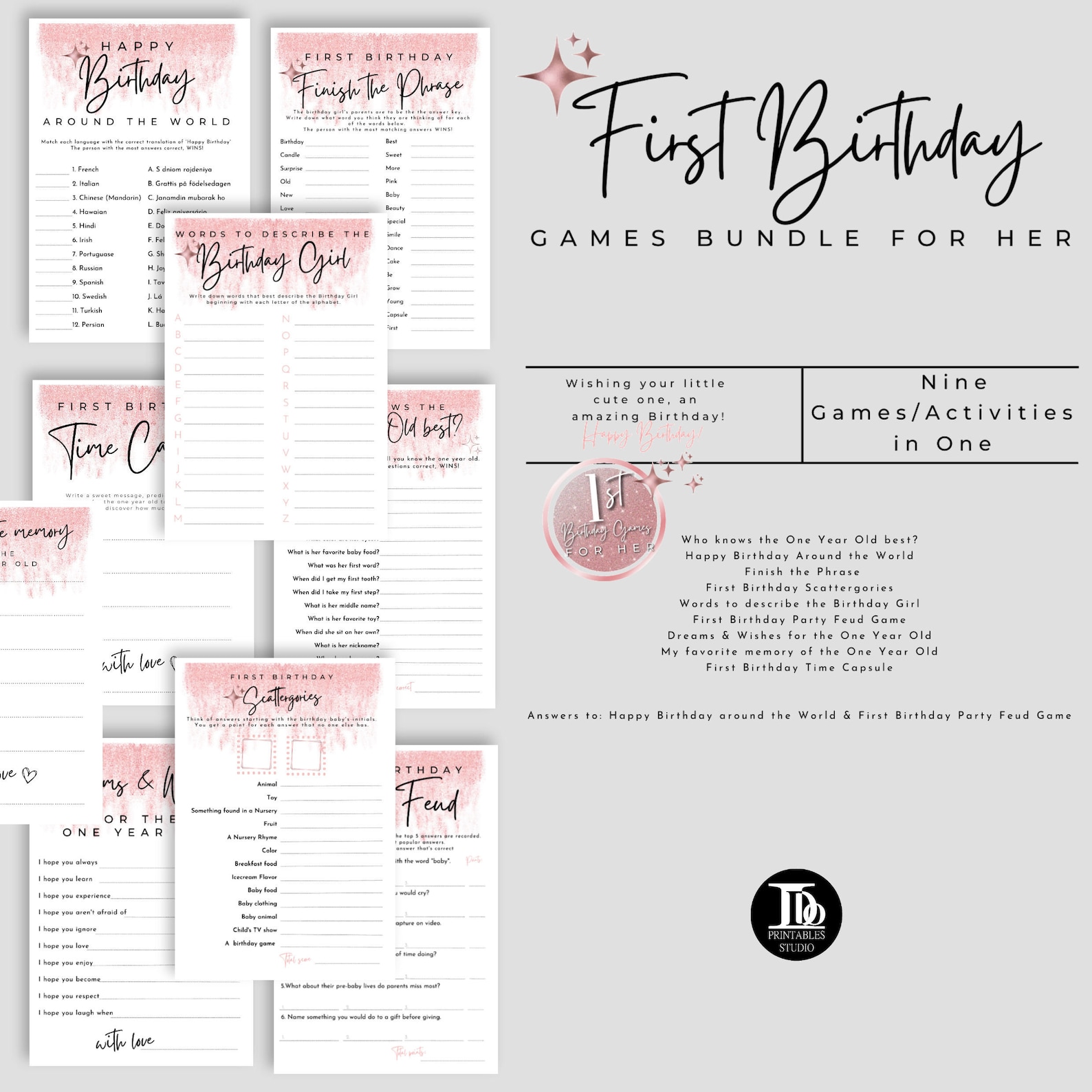 Pink First Birthday Games for Her 1st Baby Girl Birthday Pink Sparkle ...