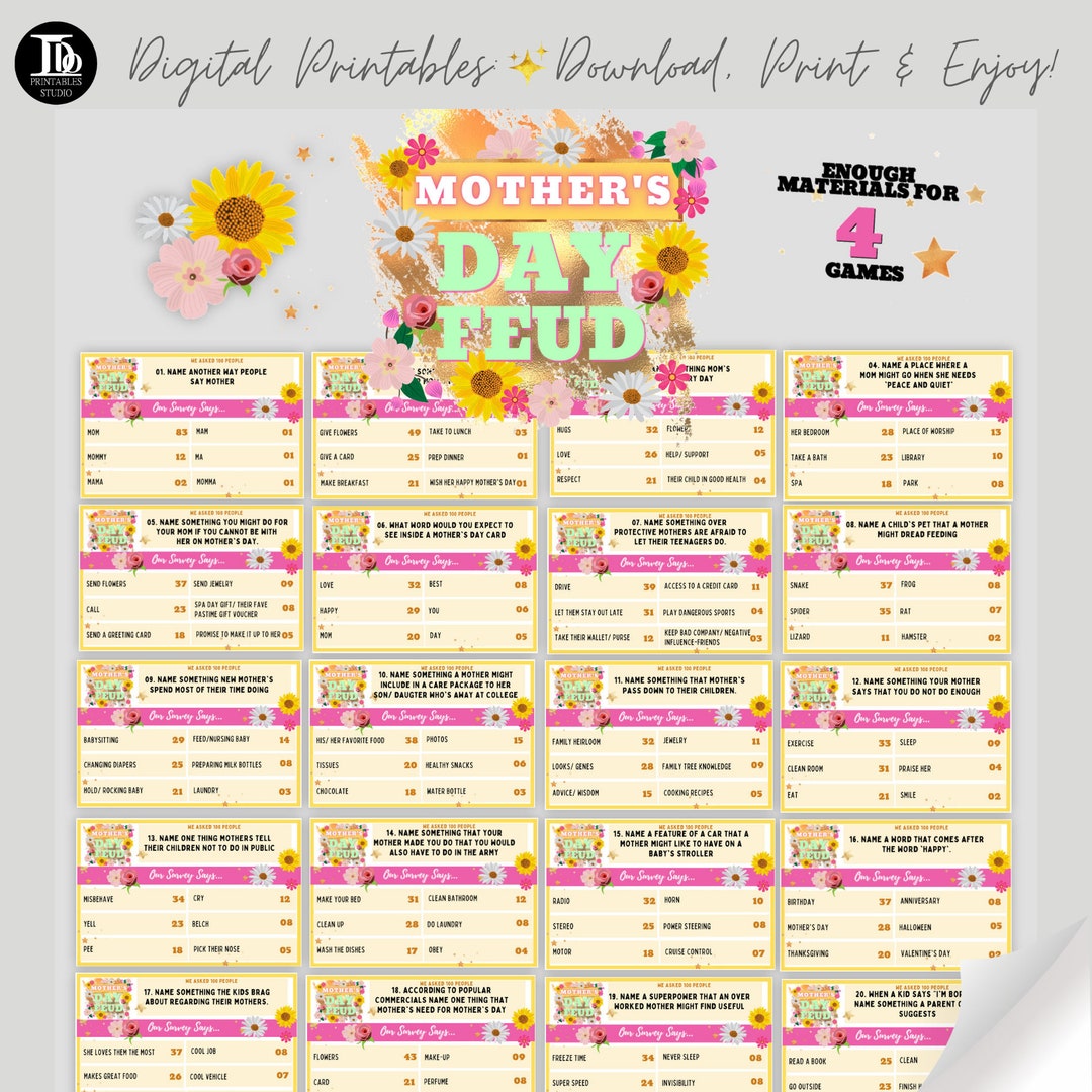Mother's Day Friendly Feud Printable Game Cards | Family Group Game ...