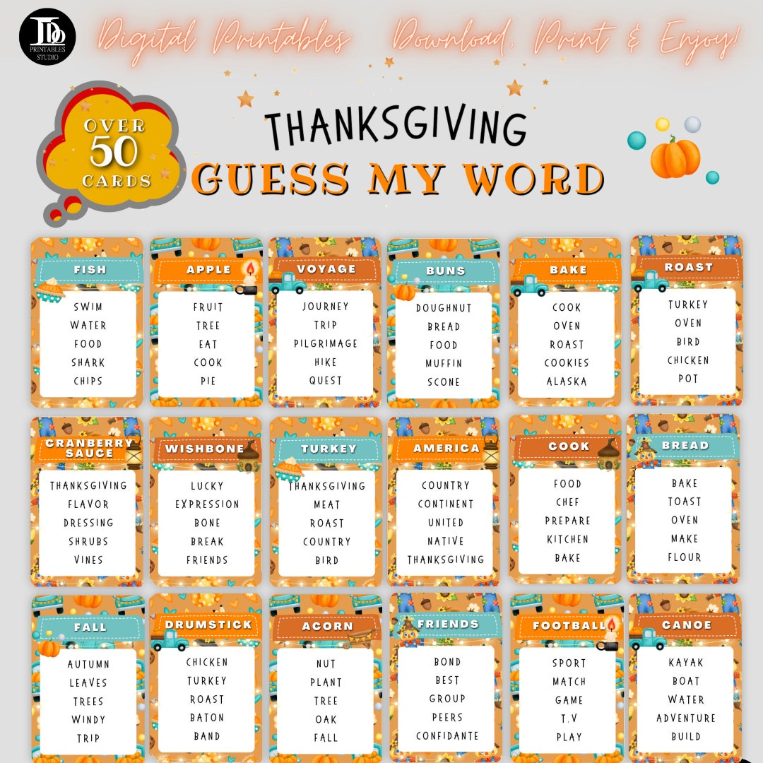 Printable Thanksgiving Word Game Cards | Thanksgiving Dinner Party Game ...