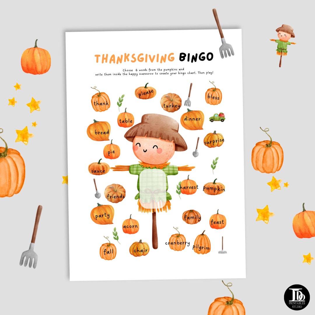 Thanksgiving Bingo Game for Kids | Scarecrow Bingo | Thanksgiving Games ...