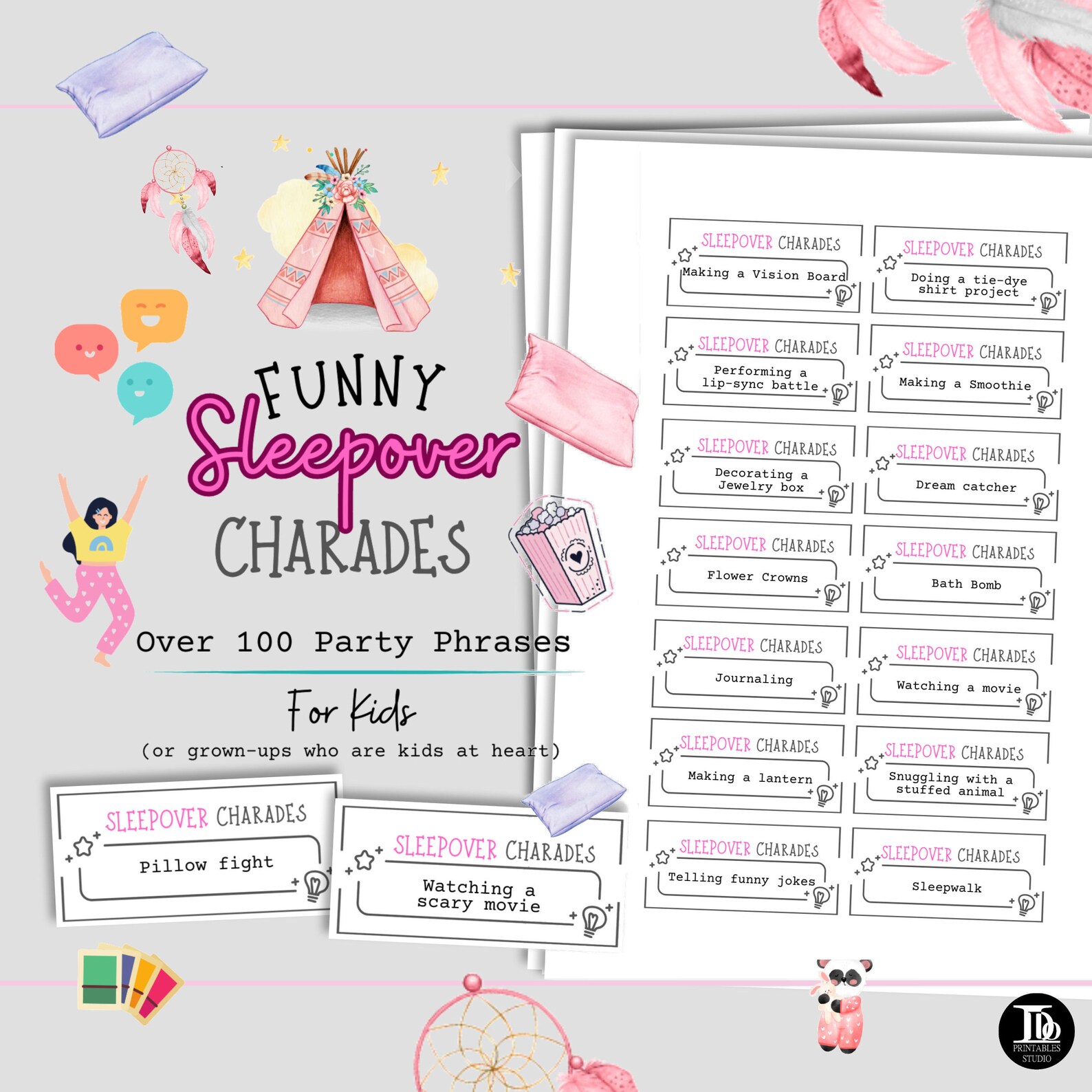 Girl Sleepover Charades Game Cards | Sleepover Party Activity | PJ ...