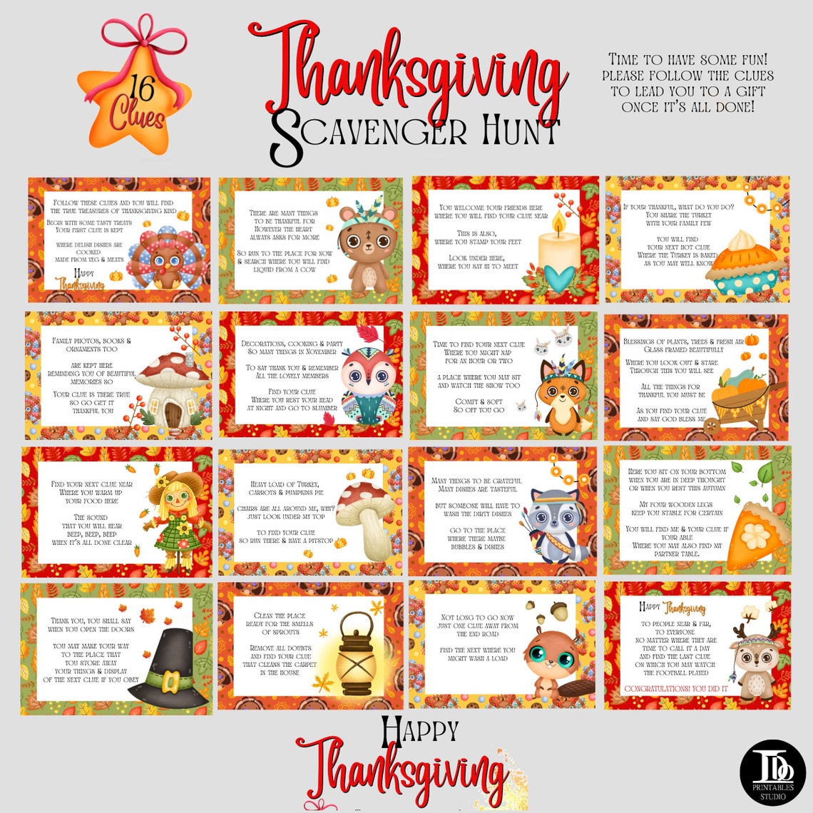 Thanksgiving Scavenger Hunt Clue Cards for Kids Printable - Etsy