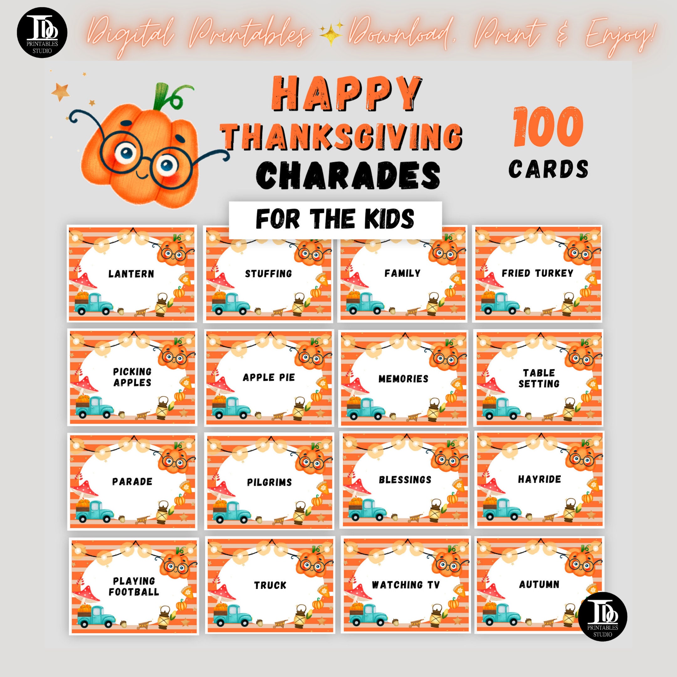 100 Thanksgiving Charades Cards for the Kids | Fun Thanksgiving Dinner ...