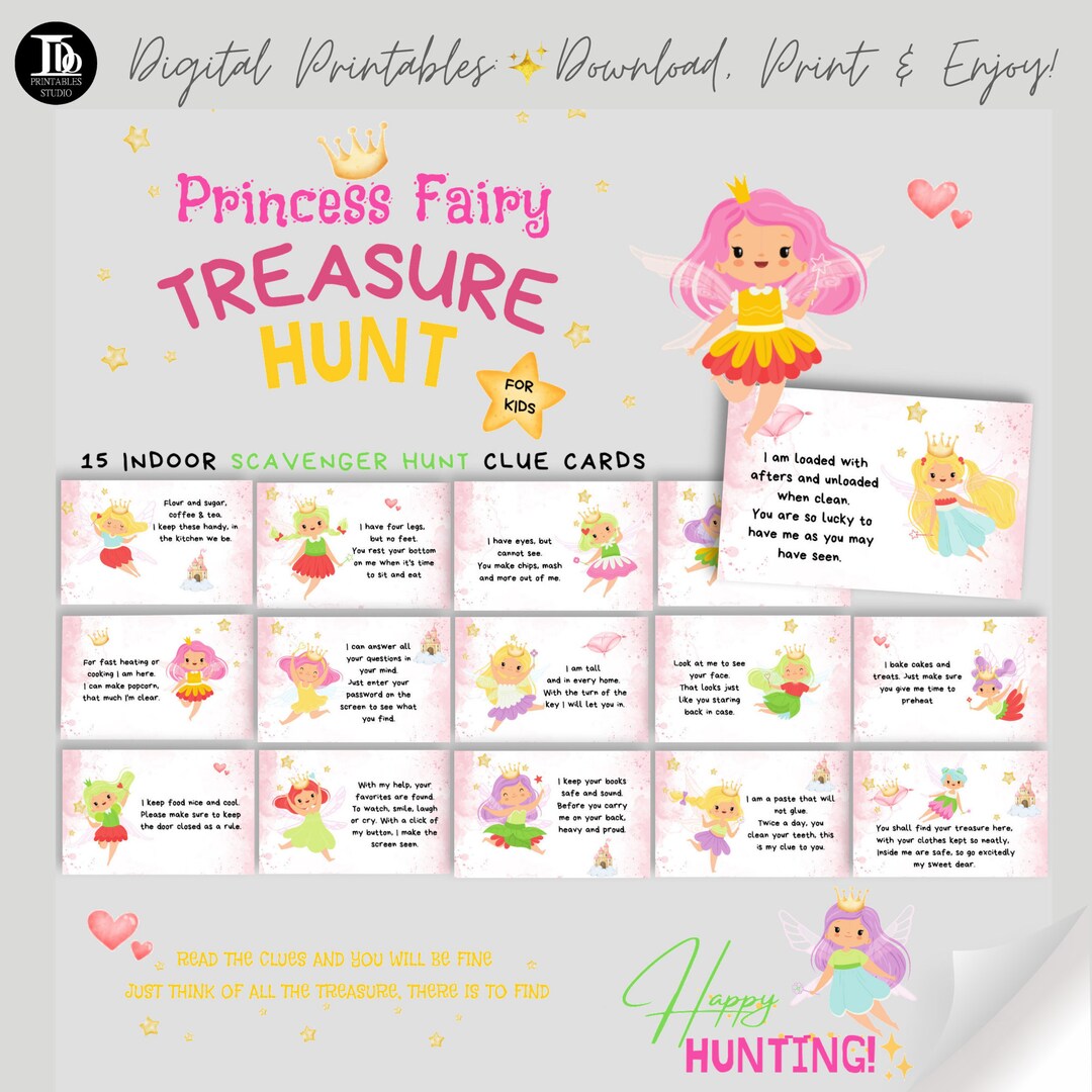Girl Birthday Treasure Hunt Clue Cards | Princess Fairy Themed Party ...