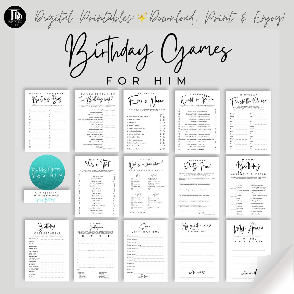 Minimalist Men's Birthday Party Games Bundle Birthday Games for Him Fun ...