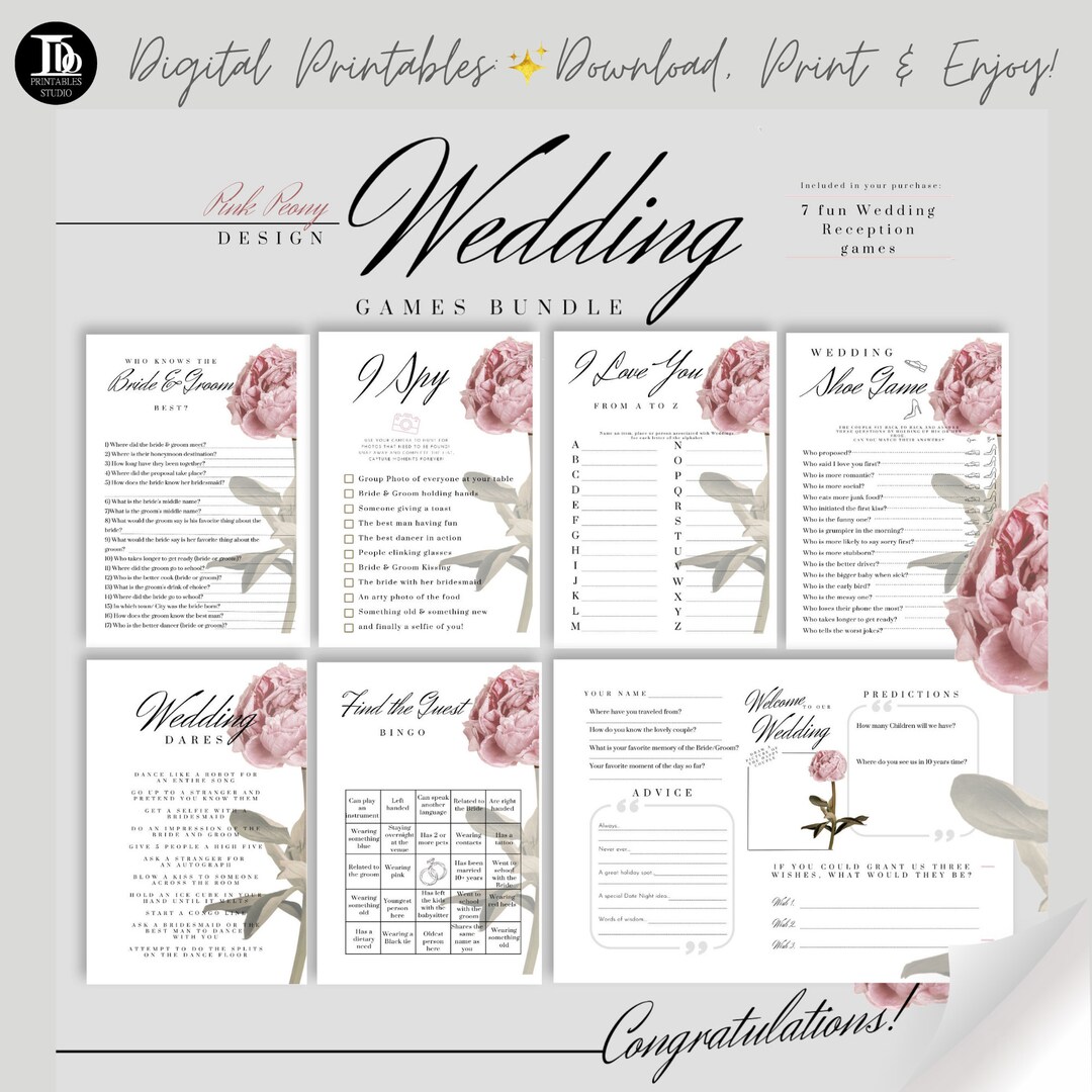Blush Pink Peony Wedding Games Bundle | Wedding Table Activity ...