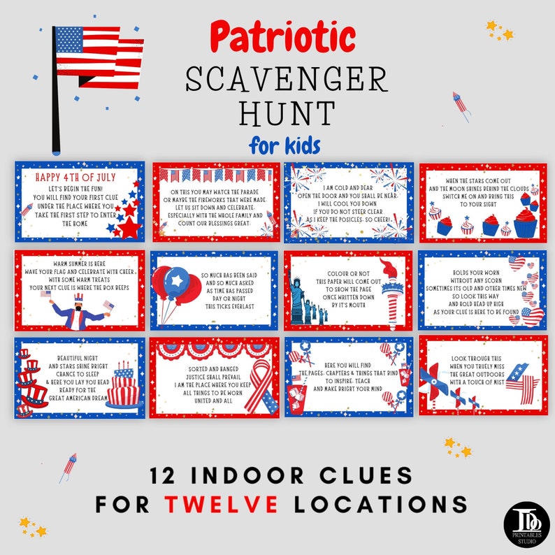Indoor 4th of July Scavenger Hunt Clues / Patriotic Treasure Hunt ...