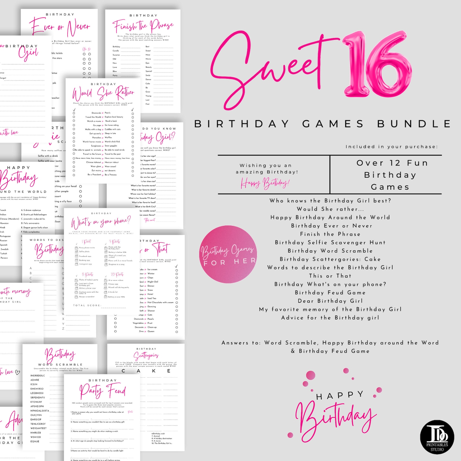 Sweet 16 Games Bundle Printable | Sweet 16 Birthday Party Ideas | Sweet ...