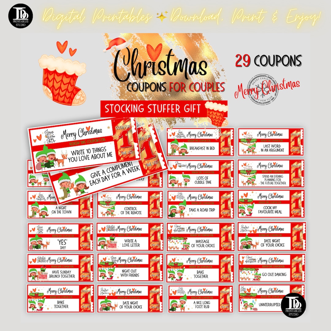Printable Christmas Couple Love Coupons | Stocking Stuffer Gifts | Last ...
