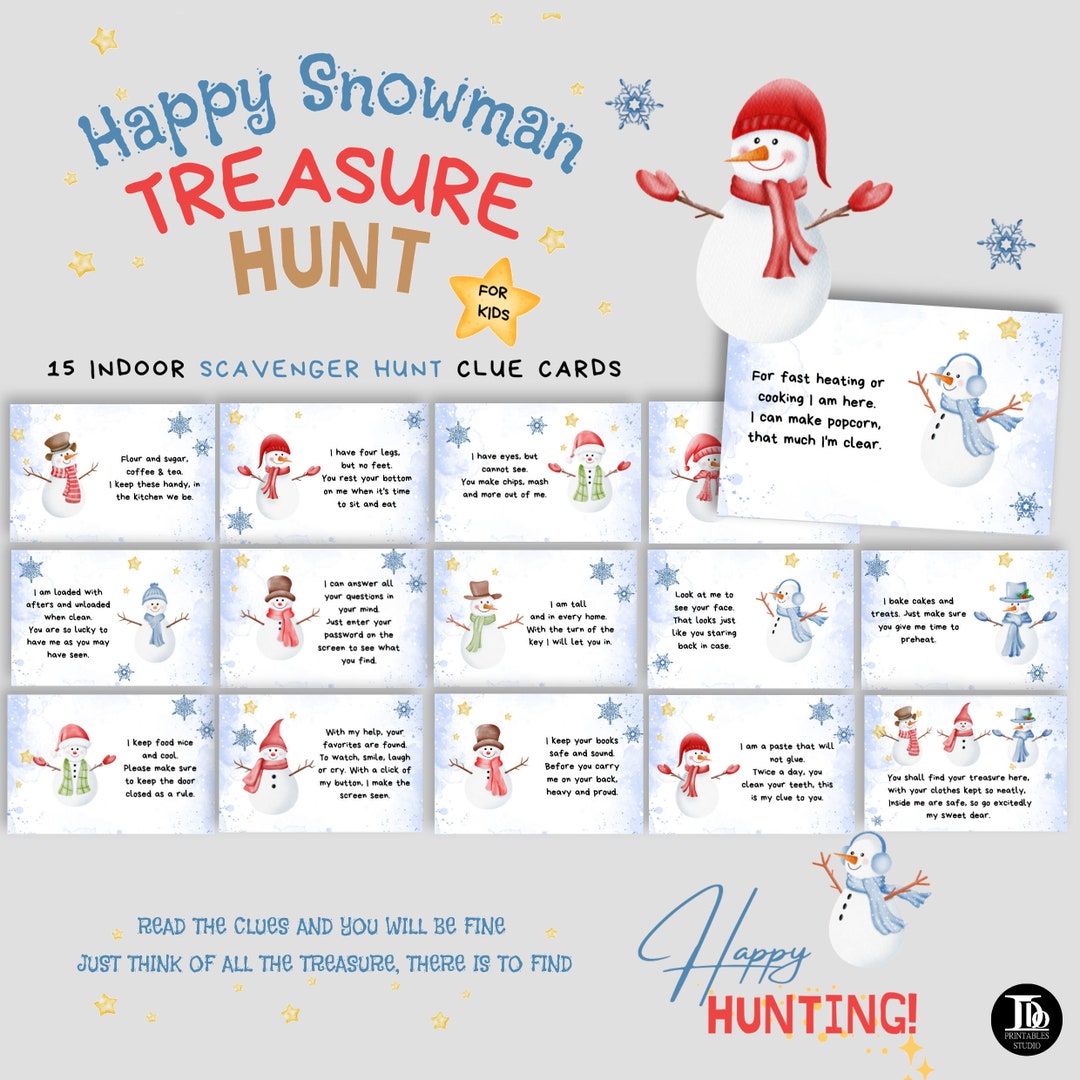 Snowman Treasure Hunt Clue Cards for Kids | Indoor Scavenger Hunt ...