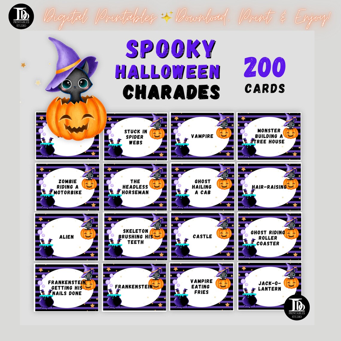 200 Halloween Charade Cards Halloween Party Activity Printable Family ...