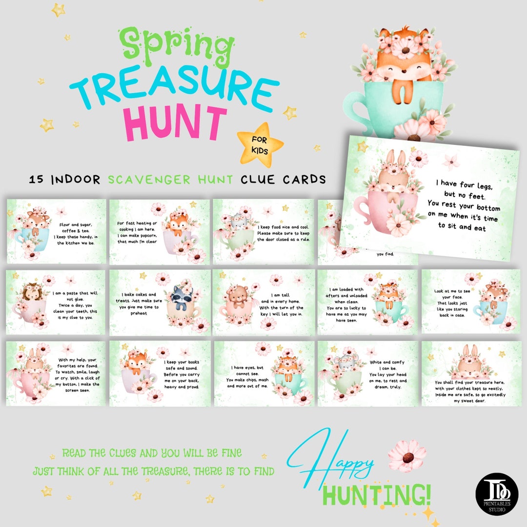 Spring Treasure Hunt Clue Cards for Kids | Printable Spring Birthday ...