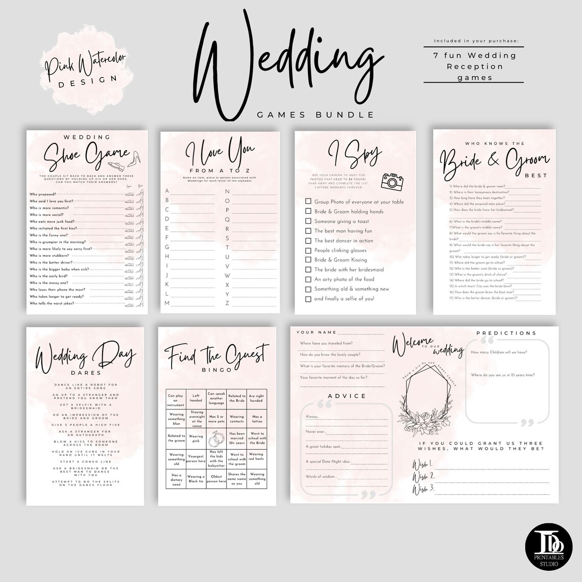 Pink Watercolor Wedding Games Bundle Wedding Table Games - Etsy