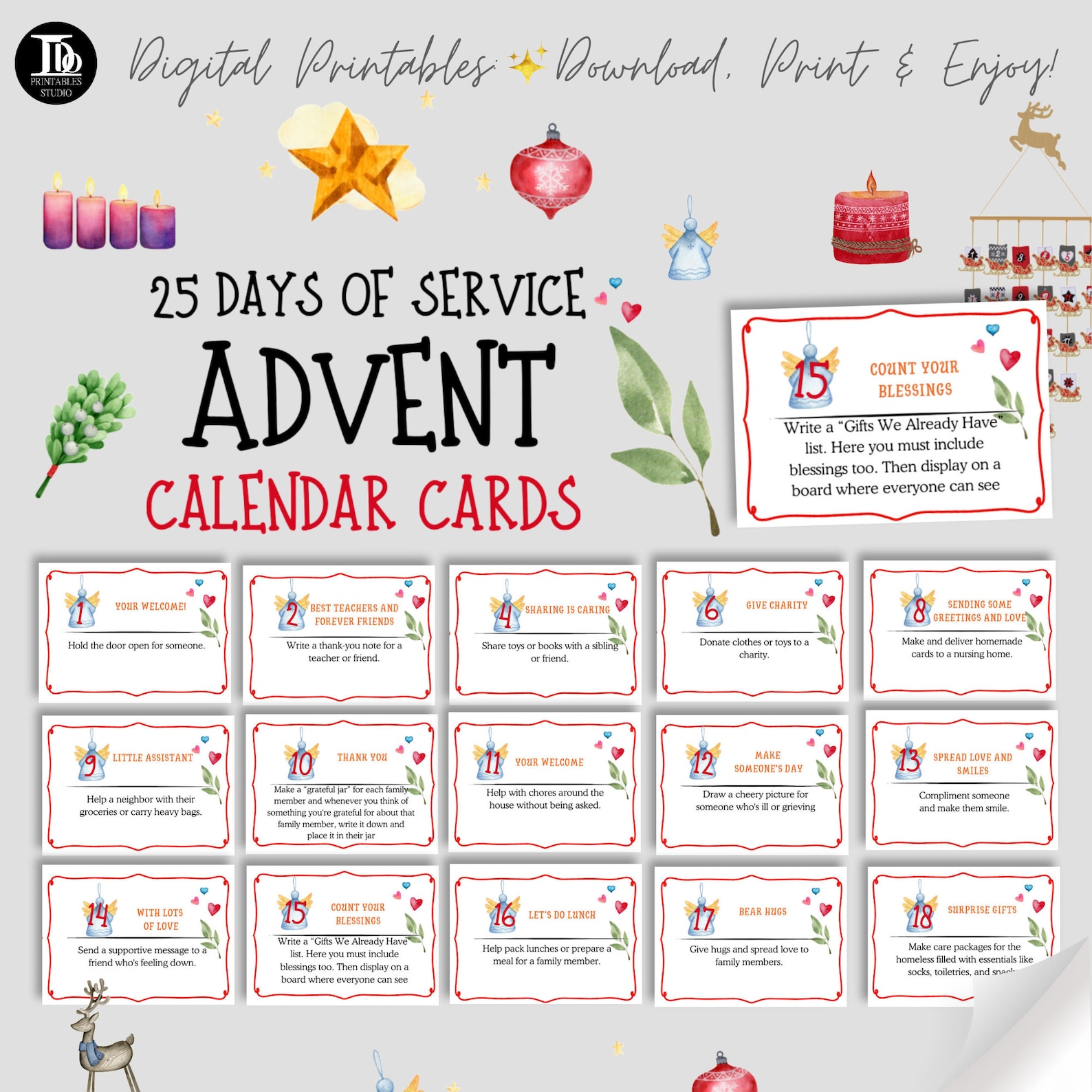25 Days of Service Advent Calendar Cards for Kids Printable Holiday ...