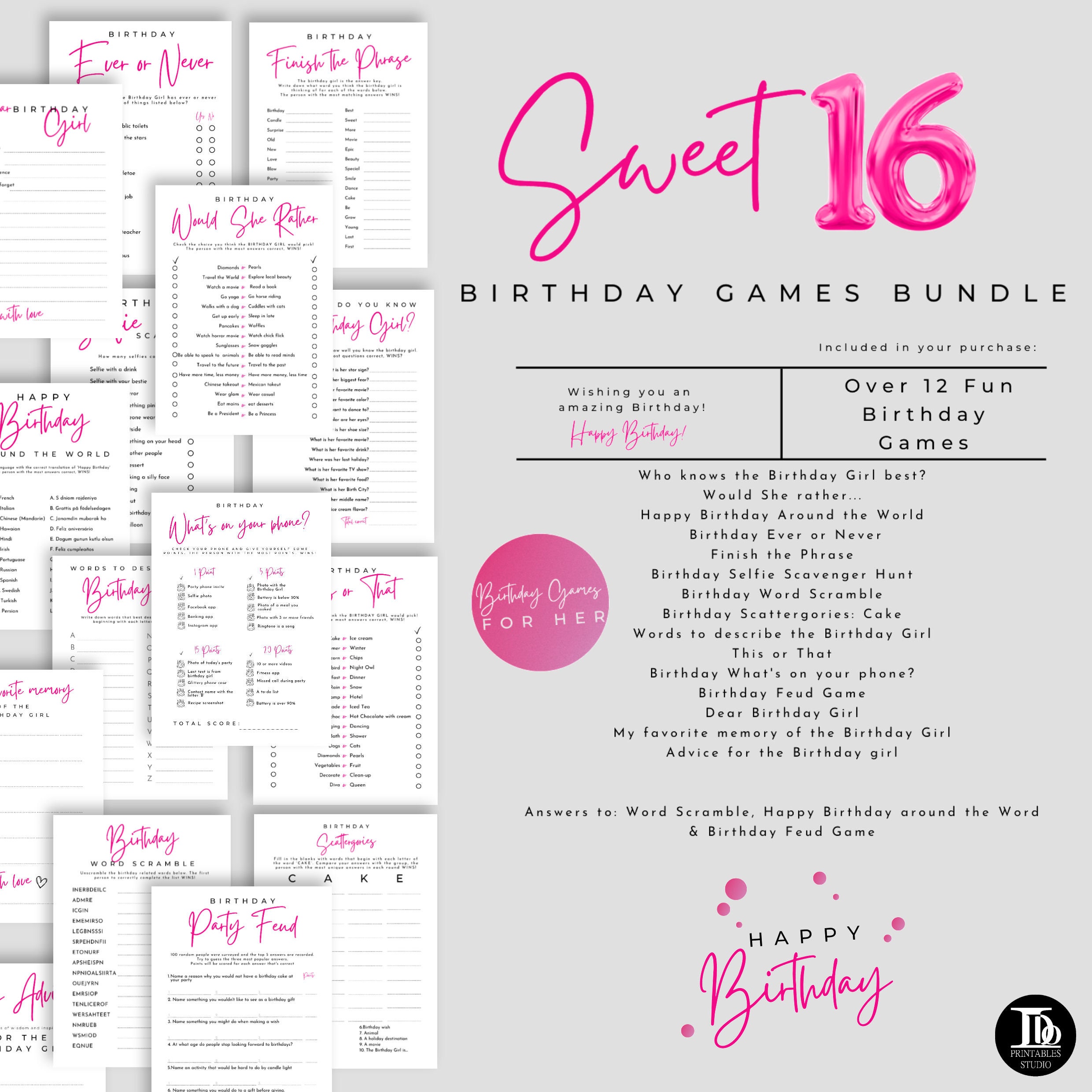 Sweet 16 Games Bundle Printable Sweet 16 Birthday Party - Etsy