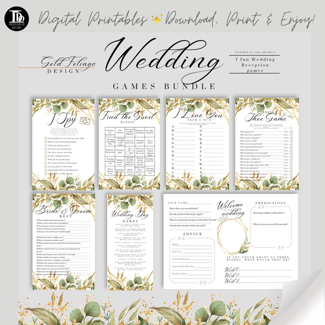 Gold Foliage Wedding Games Bundle | Wedding Table Activity | Wedding ...