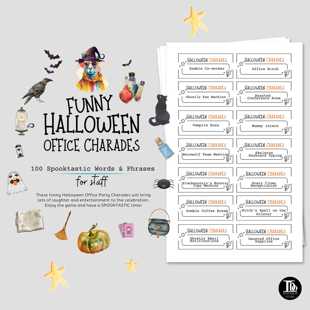 100 Halloween Office Party Charades Game Cards | Printable Games for ...