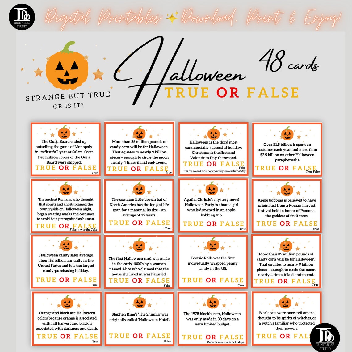 Halloween Trivia | True or False Question Cards | Family Games Night ...
