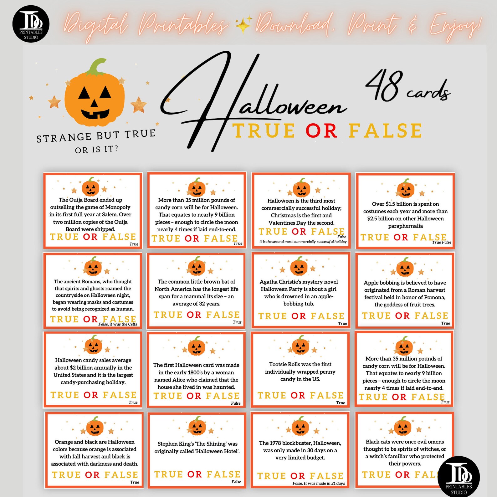 Halloween Trivia | True or False Question Cards | Family Games Night ...