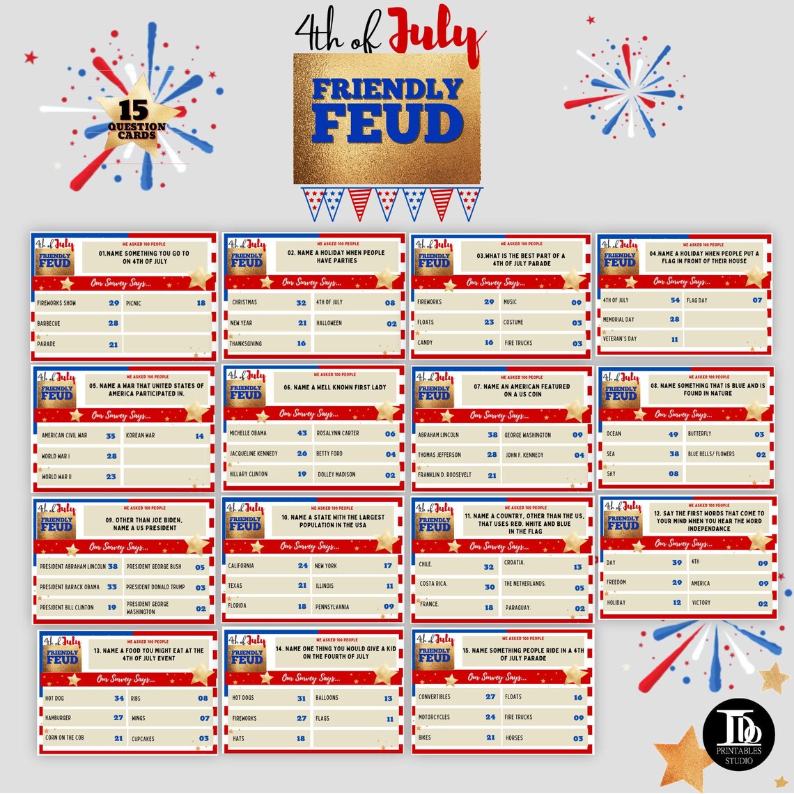 4th of July Friendly Feud Game Cards / American Quiz / Family - Etsy