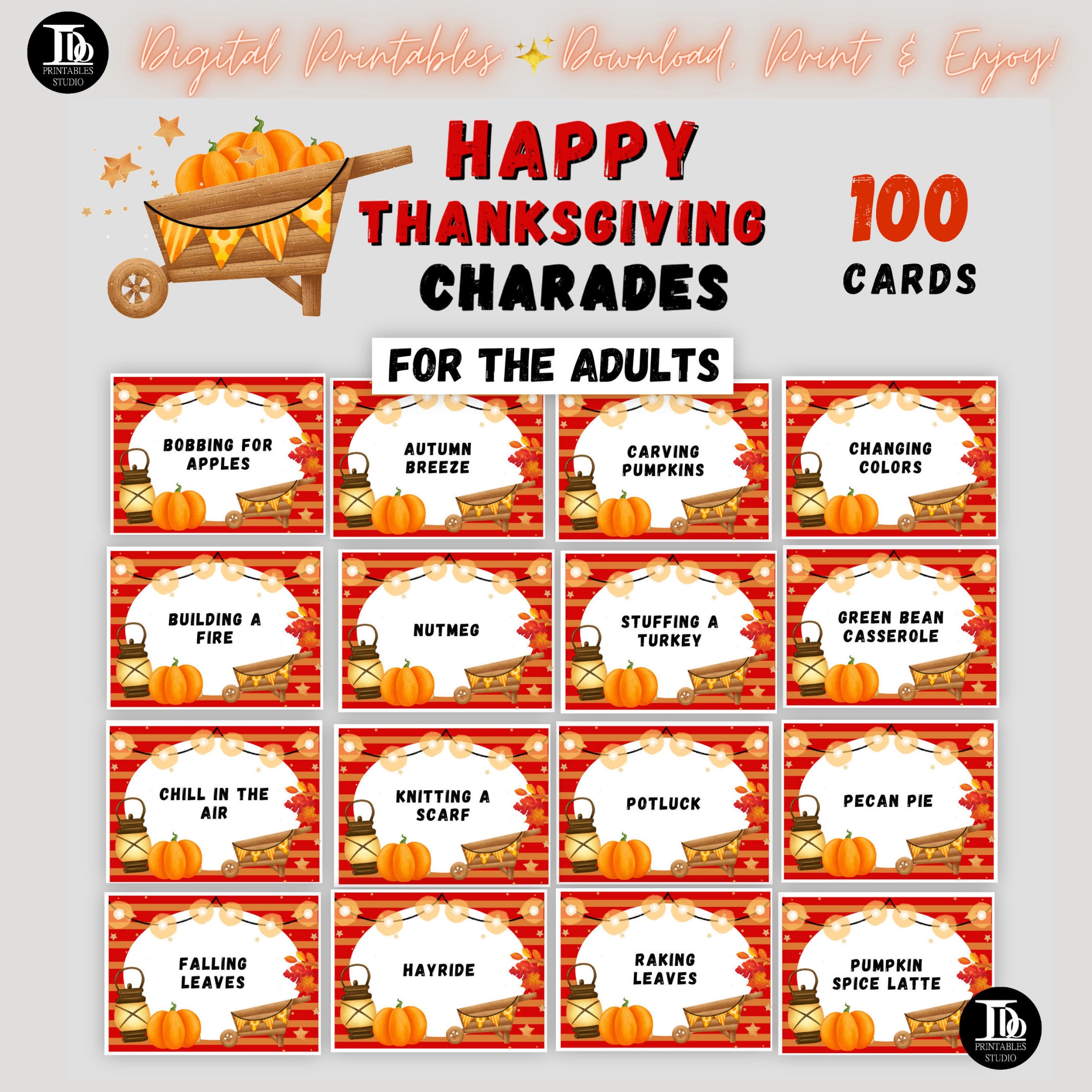 100 Thanksgiving Charades Cards for the Adults | Thanksgiving Dinner ...
