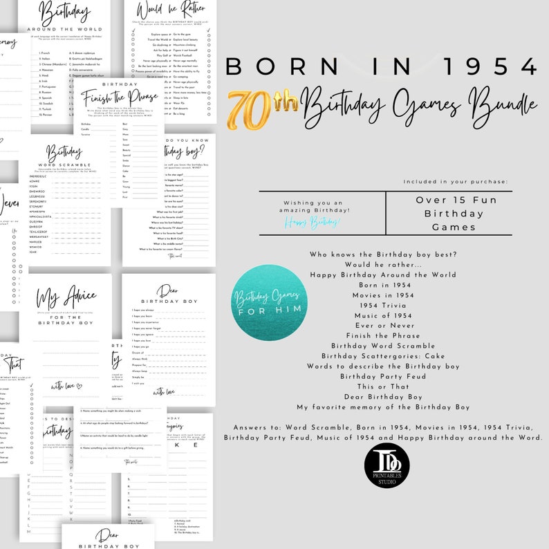 Born In 1954 70th Birthday Party Games Bundle For Him Printables