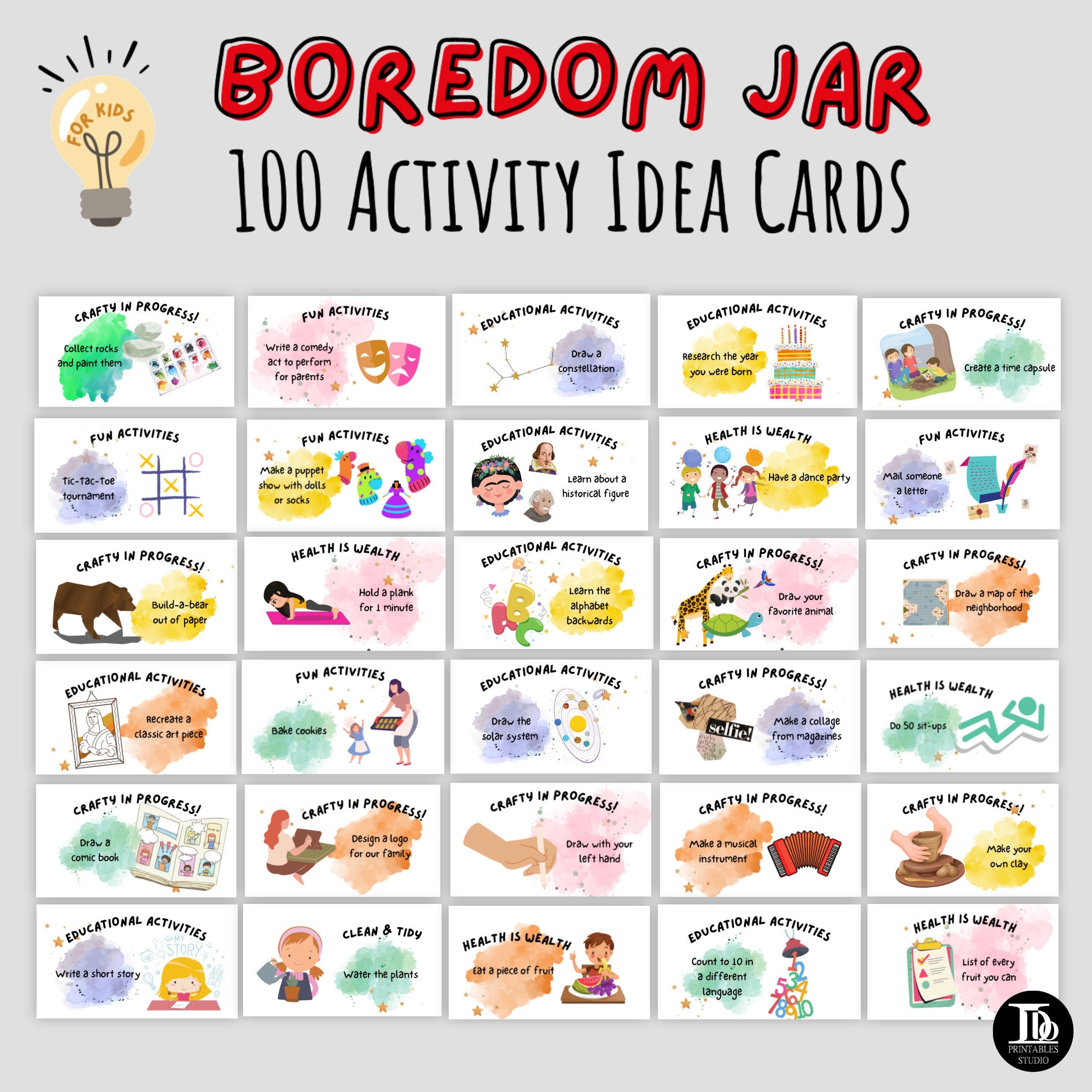 100 Boredom Jar Cards Activity Idea Cards for Kids Kids I - Etsy