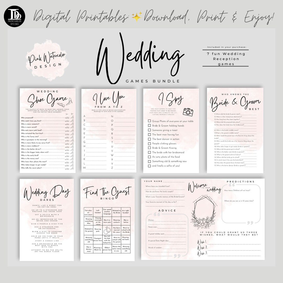 Pink Watercolor Wedding Games Bundle | Wedding Table Games | Wedding ...