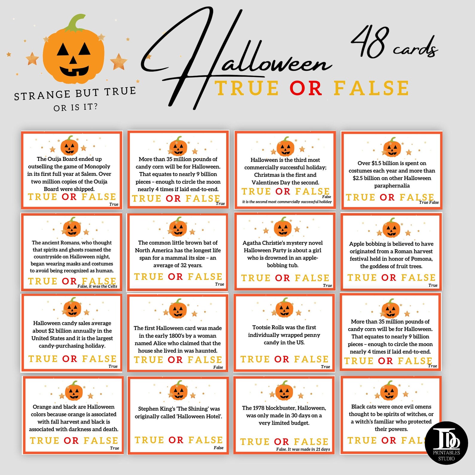 Halloween Trivia True or False Question Cards Family Games | Etsy