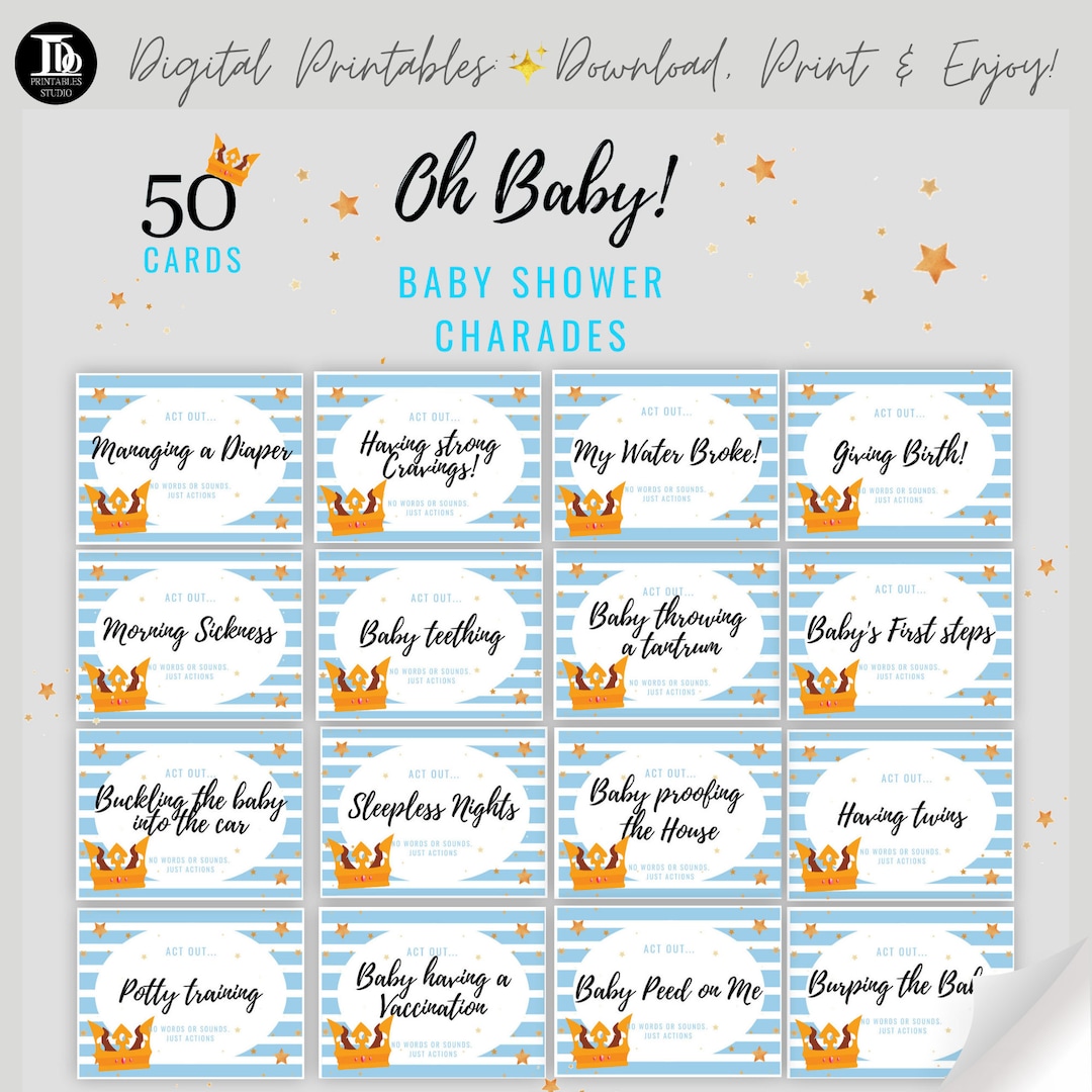 Prince Baby Boy Baby Shower Charade Cards / Oh Baby Shower Game / Blue ...