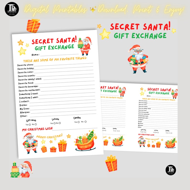 Secret Santa Gift Exchange Survey Printable Gift Questionnaire Favorite ...