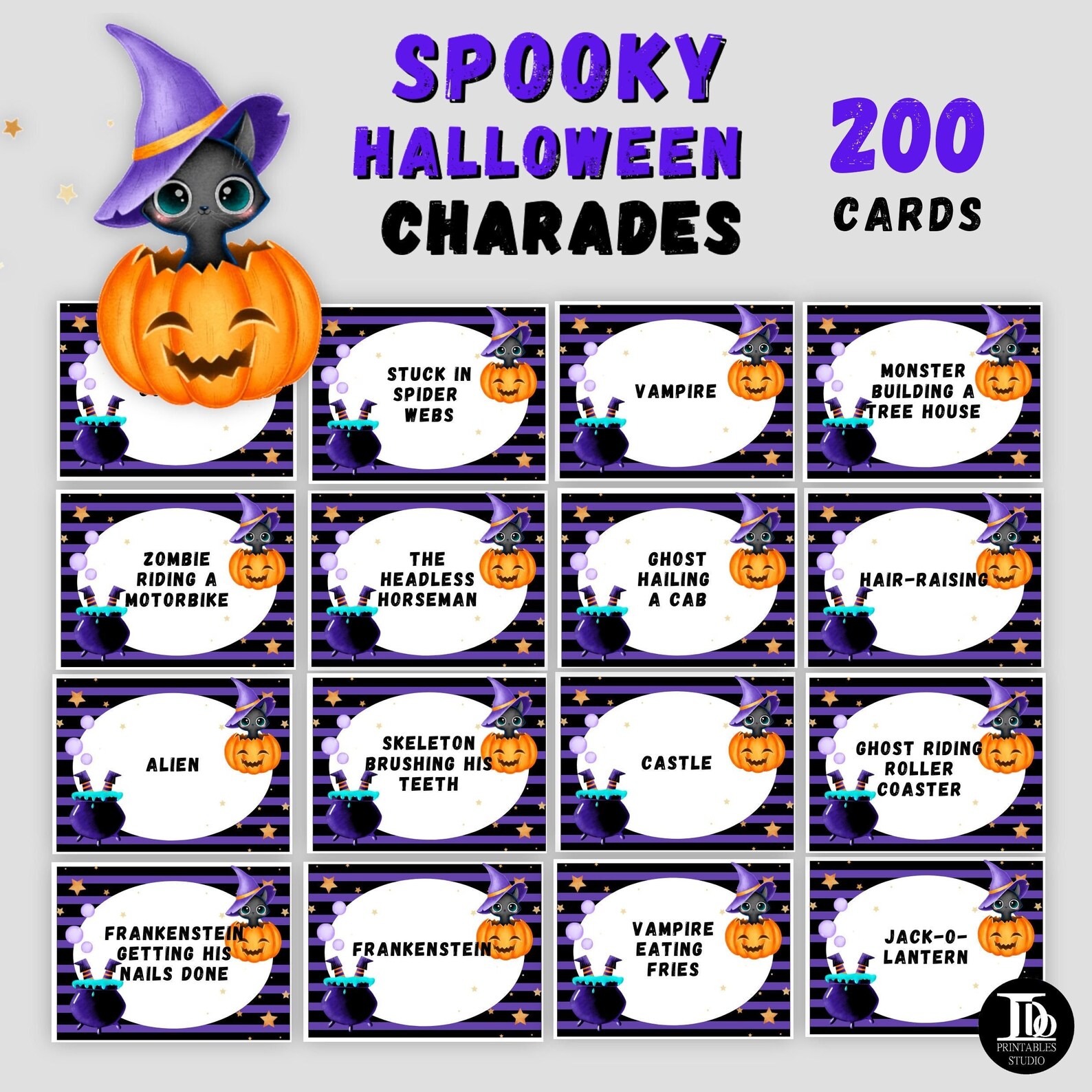 200 Halloween Charade Cards Halloween Party Pictionary Cards | Etsy