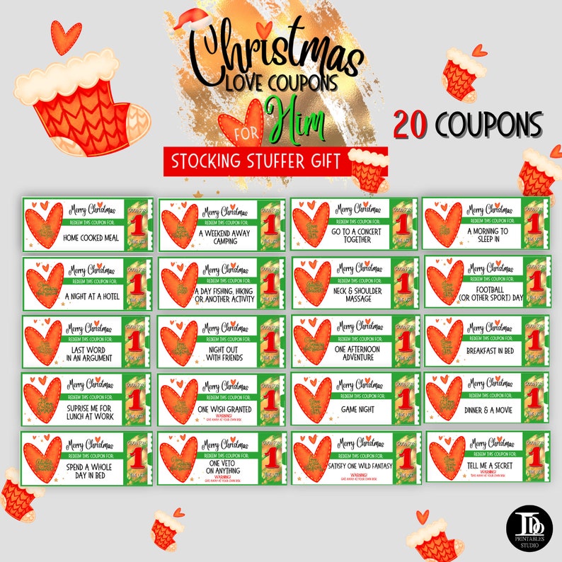 Printable Christmas Love Coupons for Him and Her Stocking Stuffer ...