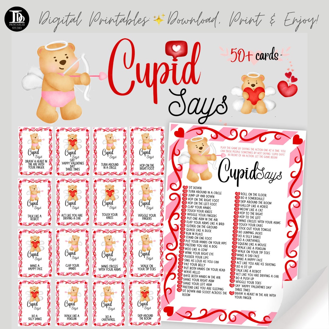 Valentine's Day Kids Party Activity Cards | Cupid Says Game | Simon ...