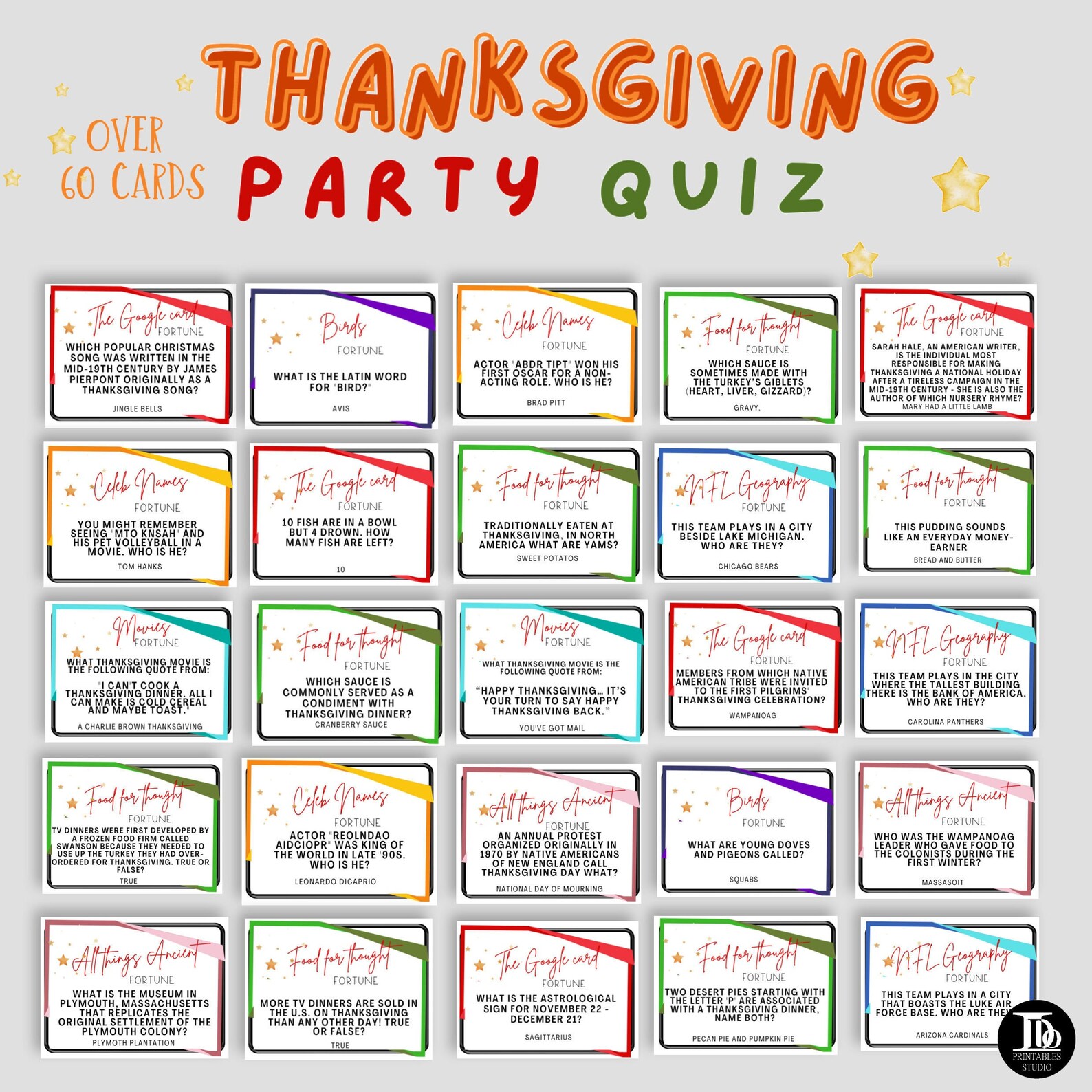 Thanksgiving Party Quiz Question Cards Office Party Pub - Etsy
