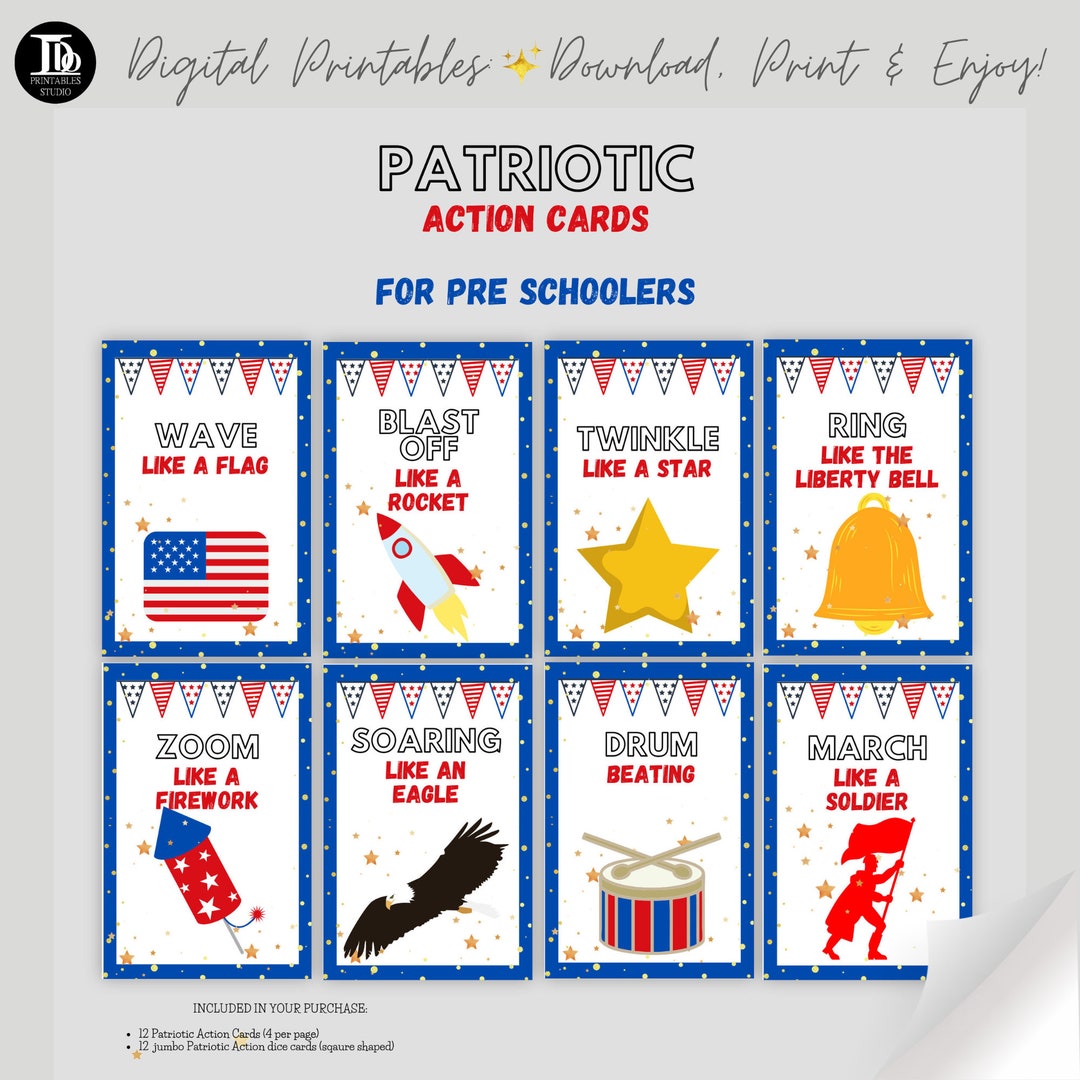 Patriotic Action Cards for Pre-schoolers / Kids Class Activity / School ...