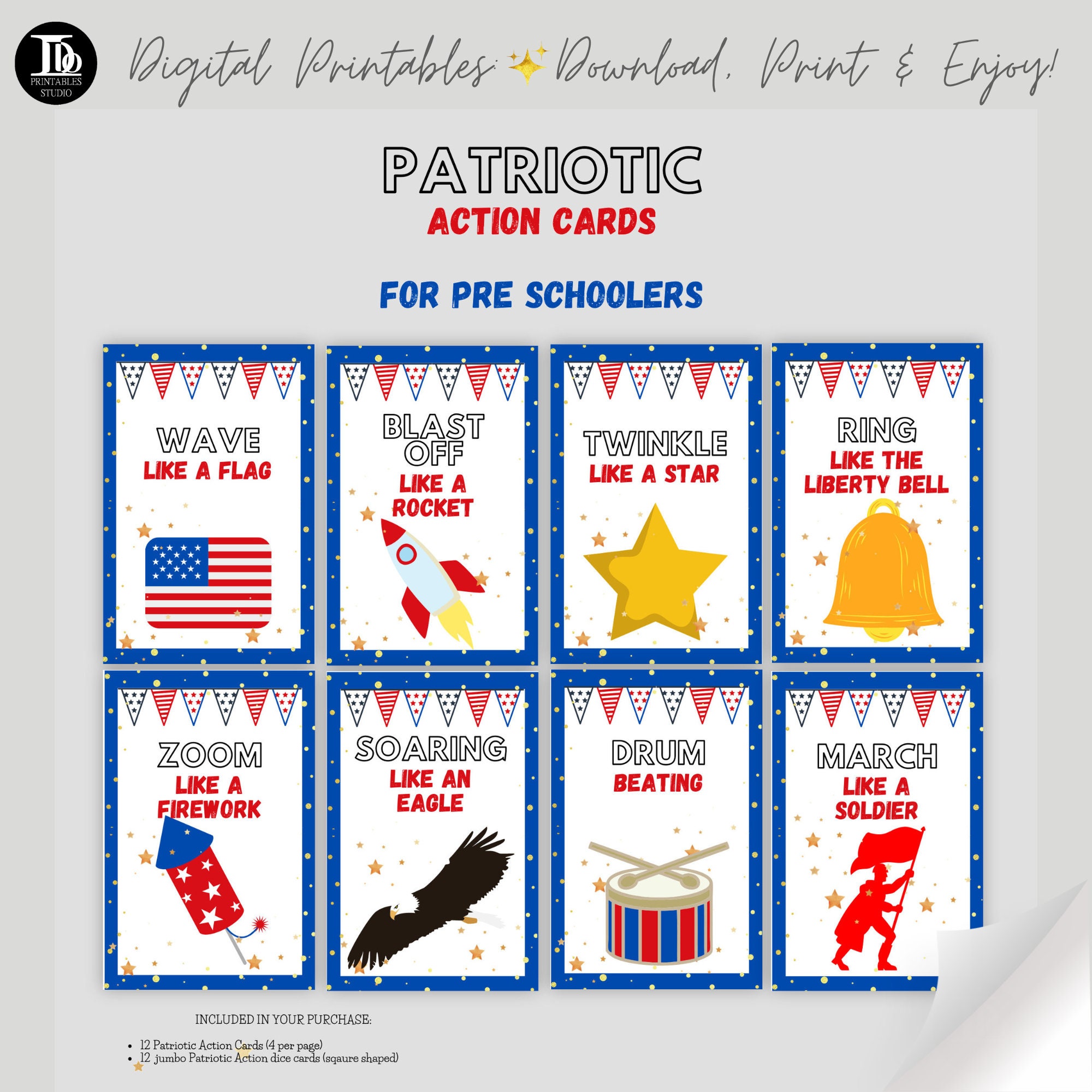 Patriotic Action Cards for Pre-schoolers / Kids Class Activity / School ...