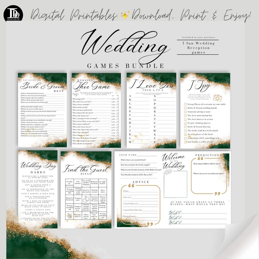 Wedding Games Bundle | Wedding Table Activity | Emerald Gold Wedding ...