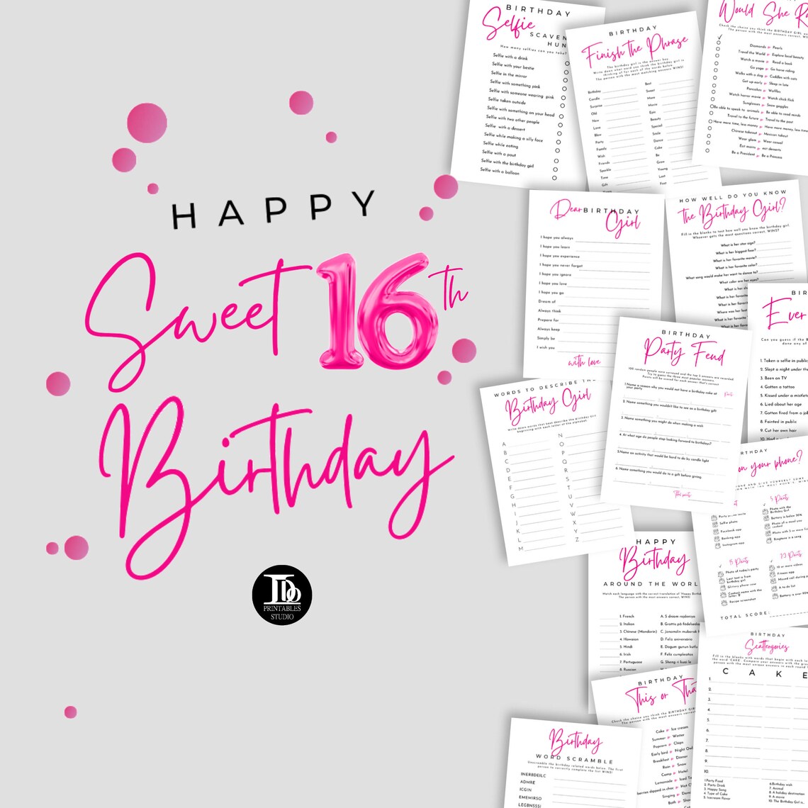 Sweet 16 Games Bundle Printable | Sweet 16 Birthday Party Ideas | Sweet ...