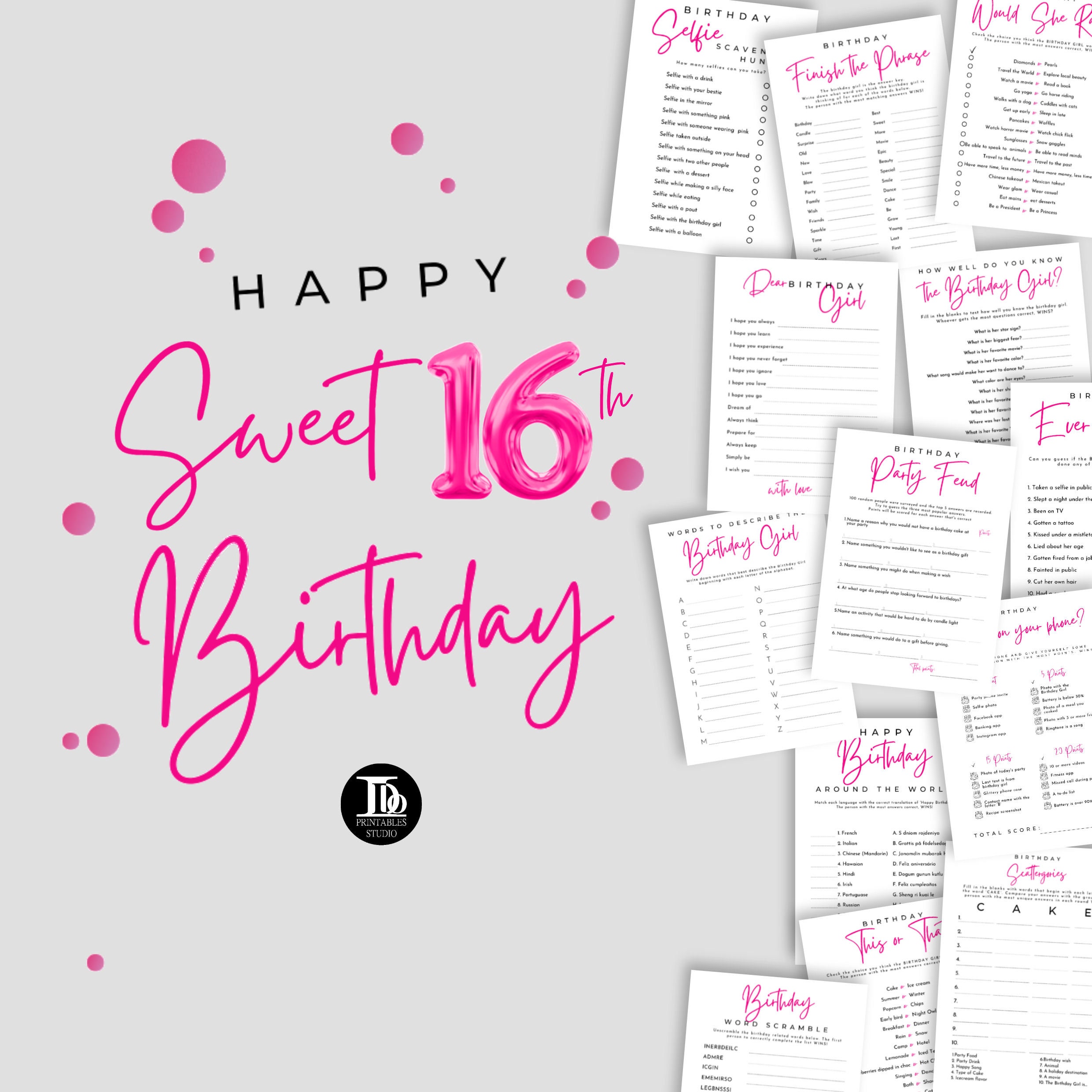 Sweet 16 Games Bundle Printable | Sweet 16 Birthday Party Ideas | Sweet ...