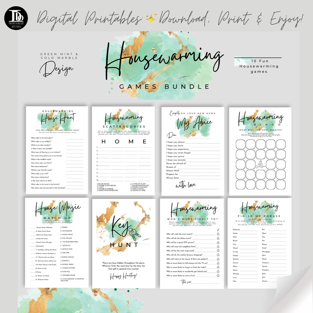 Mint Gold Design Housewarming Party Games | Stylish New House Party ...