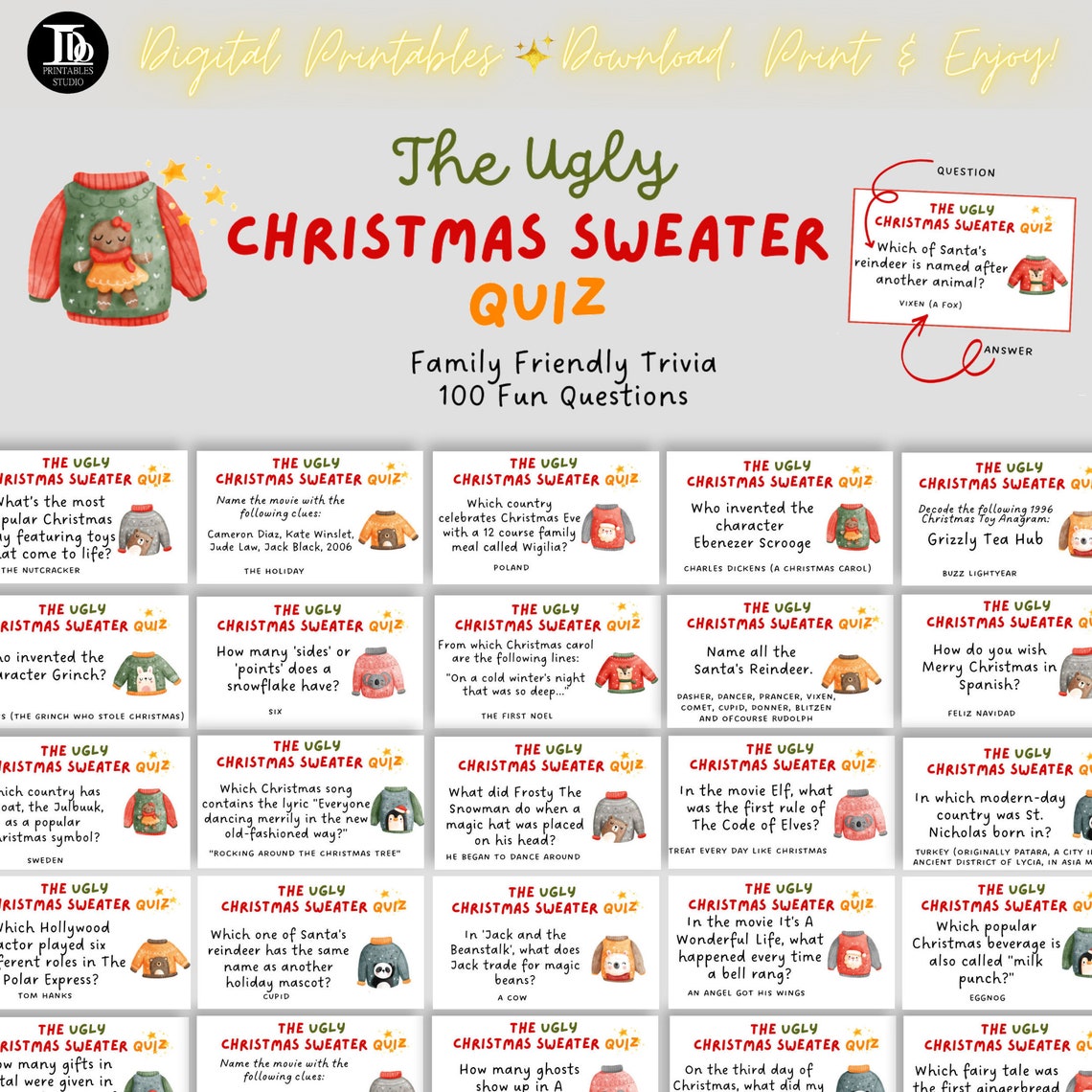100 Ugly Christmas Sweater Quiz Cards | Christmas Party Games | Family ...